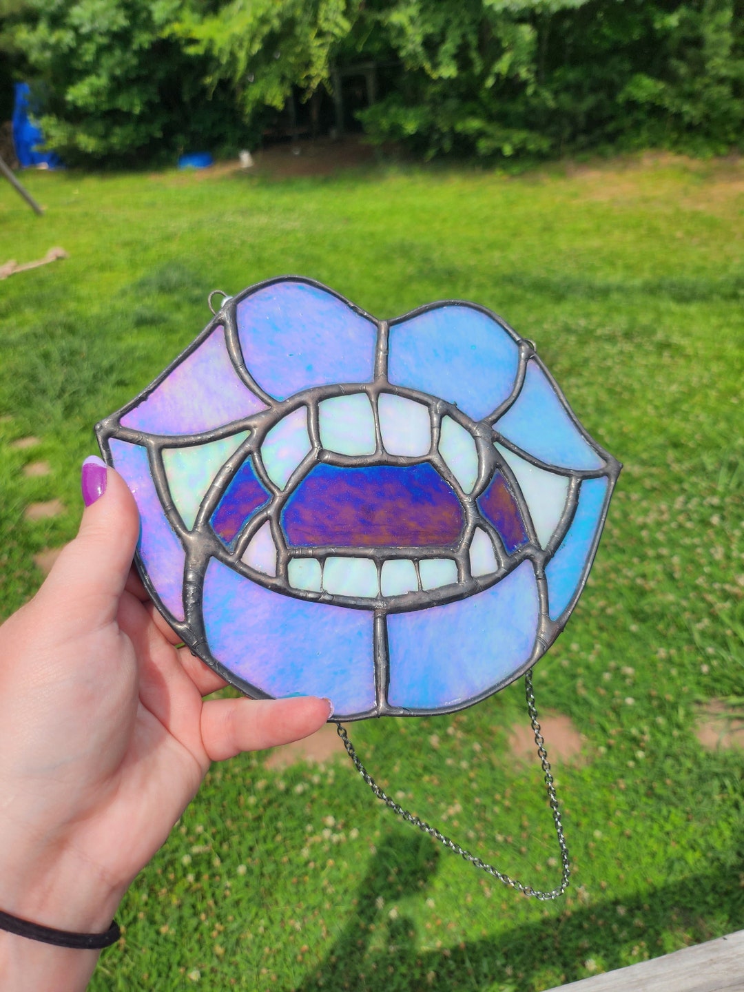 Original Art Blue All Iridescent Stained Glass Vampire Lips Gothic ...