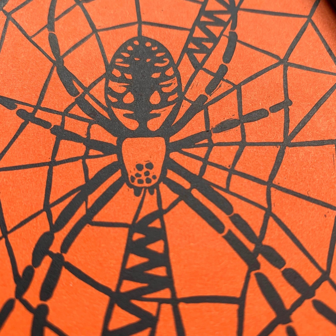 Writing Spider Linocut on Orange - Etsy