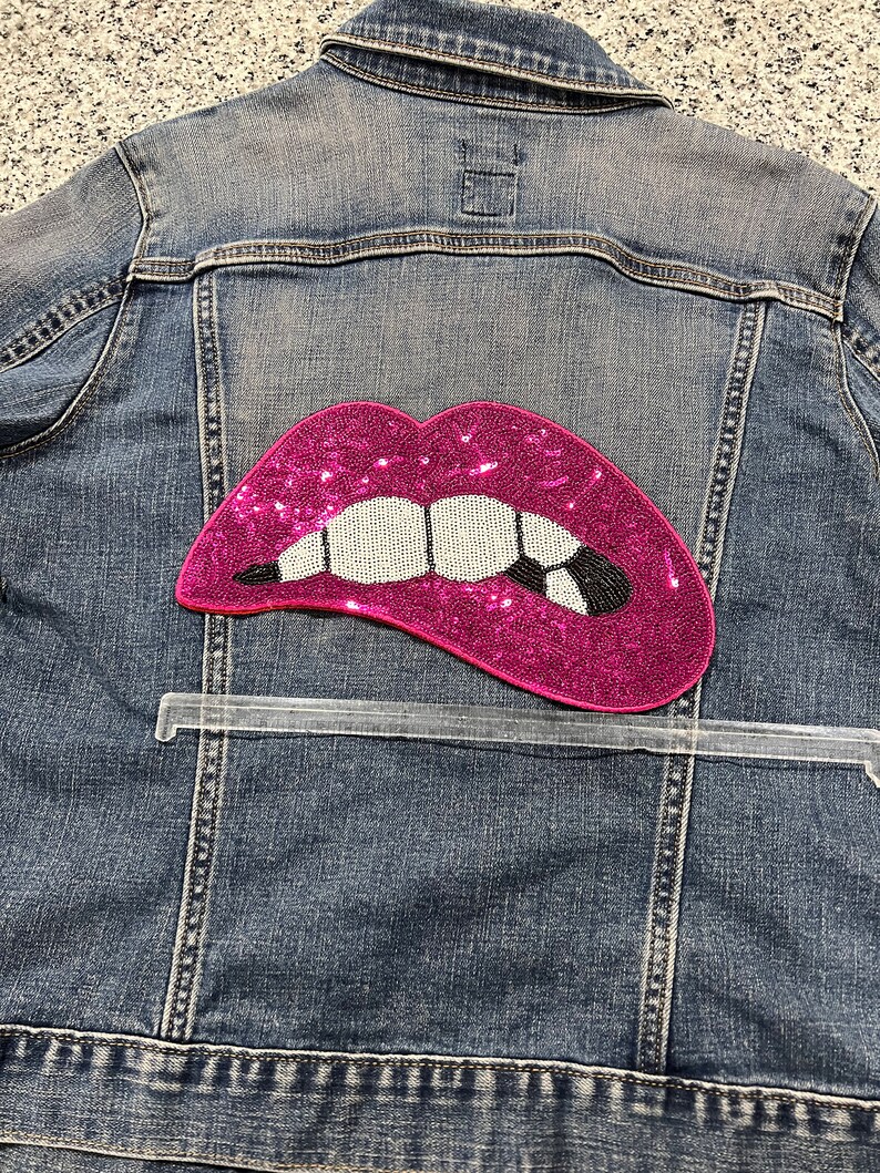 10 7/8” Large Red Sequin Lips Patch, Red Lips Patch, Lips Patch, Biting Lips Patch, Iron on ...