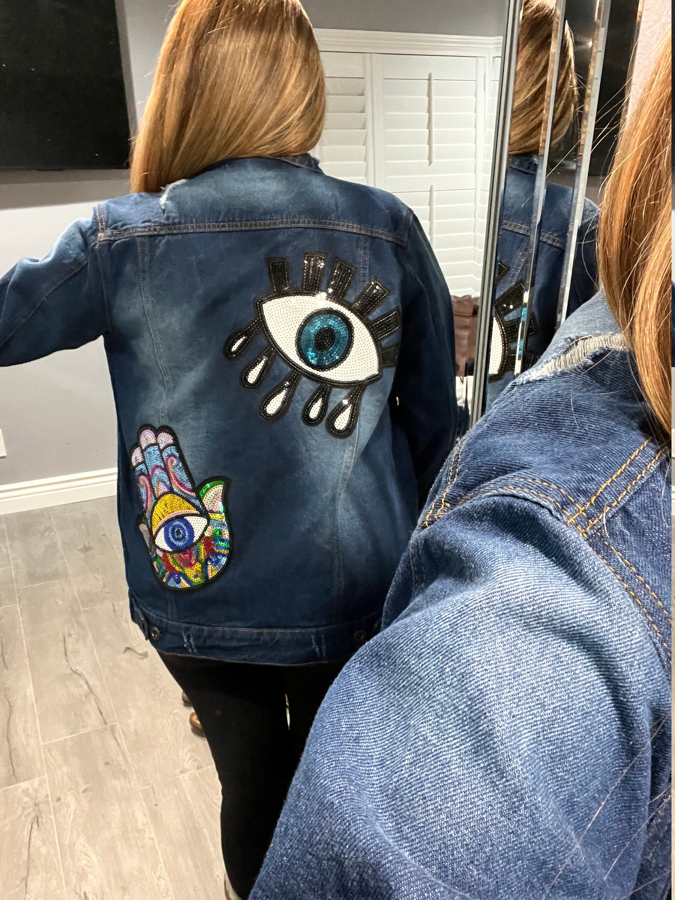 Reworked Custom Sequin Hamza, Evil Eye Patched Jacket, Distressed Denim ...