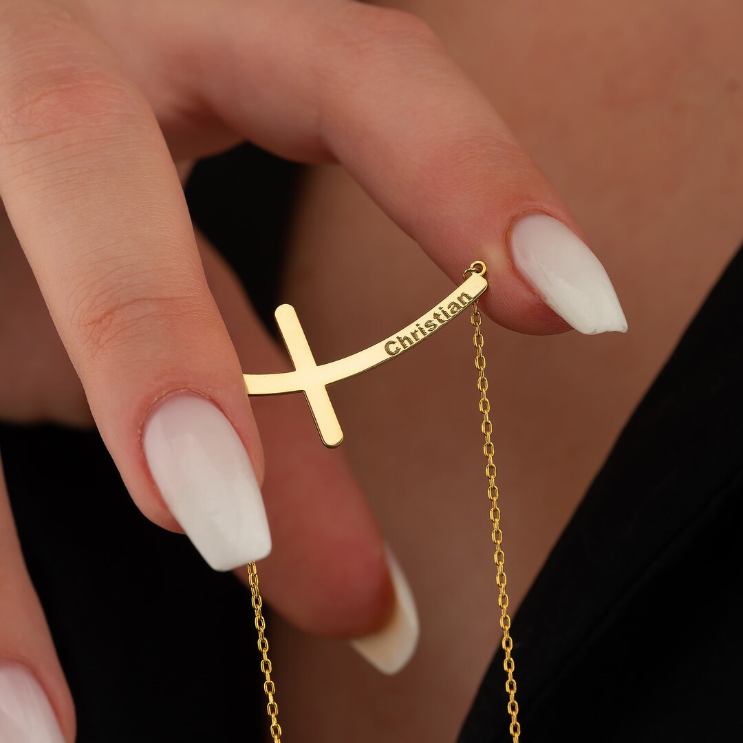 Cross Name Necklace, Personalized Side Cross Necklace, Cross Name ...