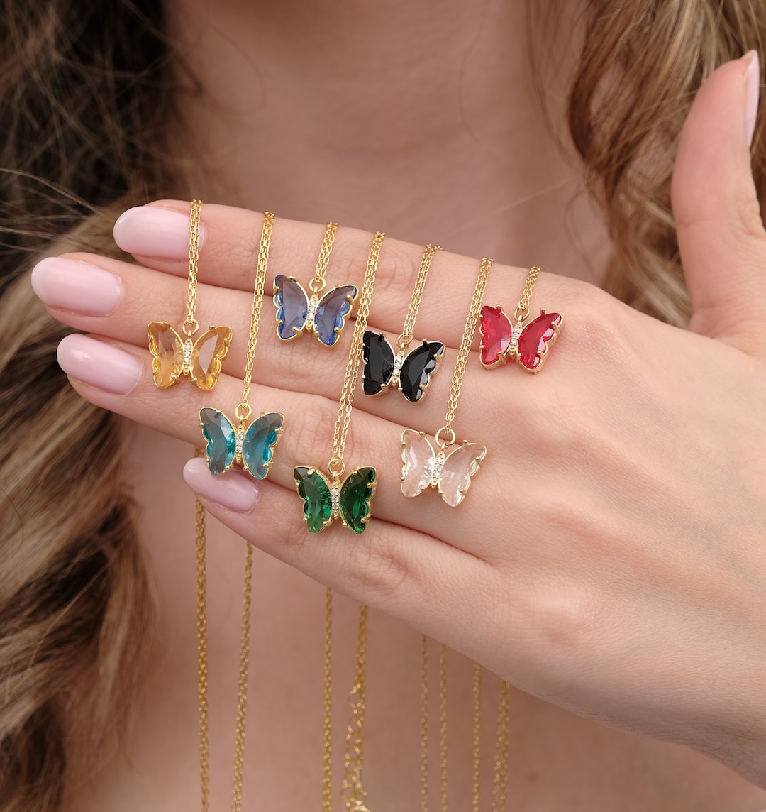 Crystal Butterfly Necklace, Natural Stone Butterfly Necklace, Colorful ...