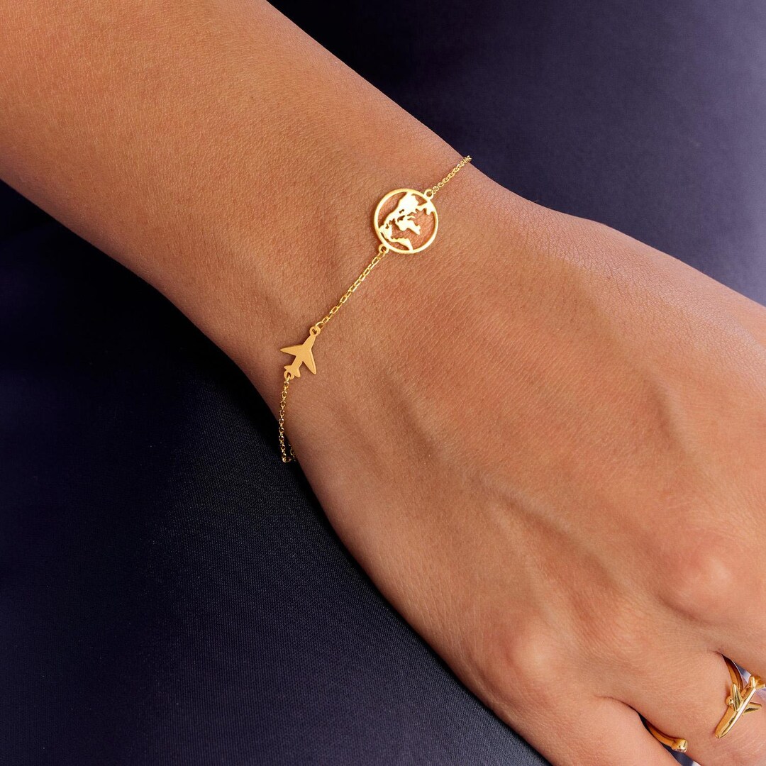 Earth and Plane Bracelet, Traveller Earth Map Bracelet, Travel Bracelet ...