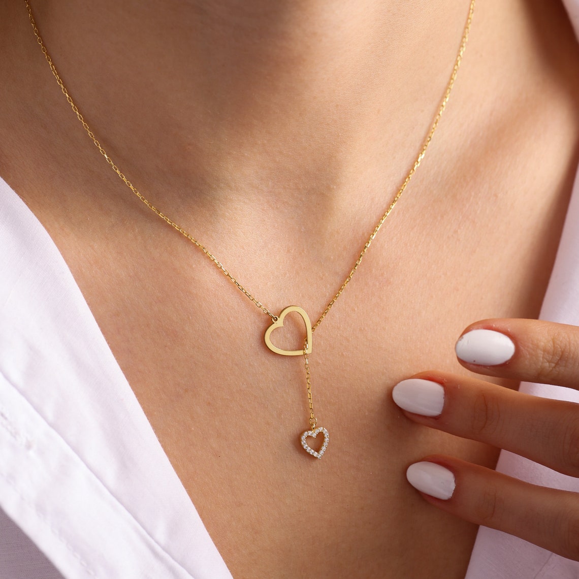 Heart Lariat Necklace Gold Heart Lariat Stone Heart - Etsy