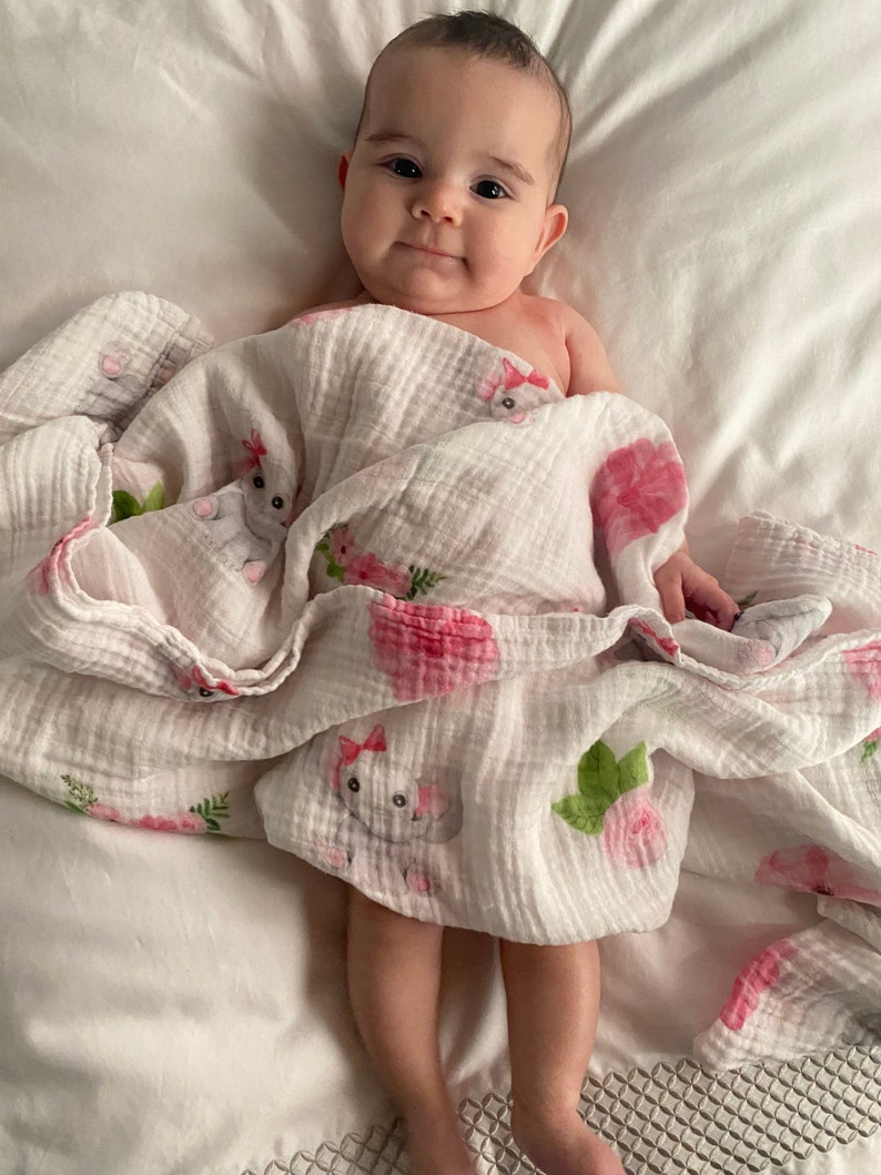 Pink Elephant Muslin Swaddle Blanket, Baby Girl Bamboo Muslin Swaddle ...