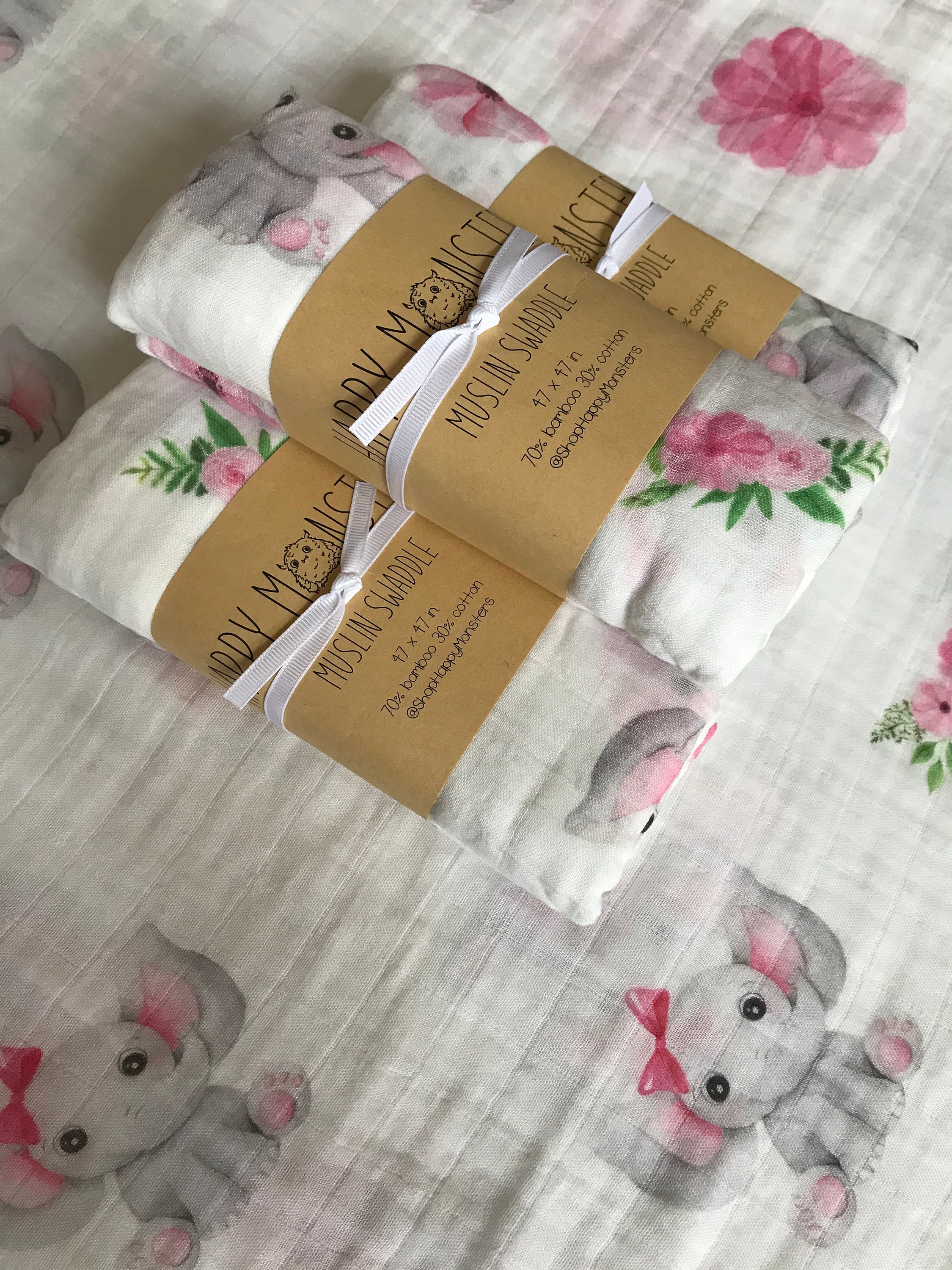 Pink Elephant Muslin Swaddle Blanket, Baby Girl Bamboo Muslin Swaddle ...