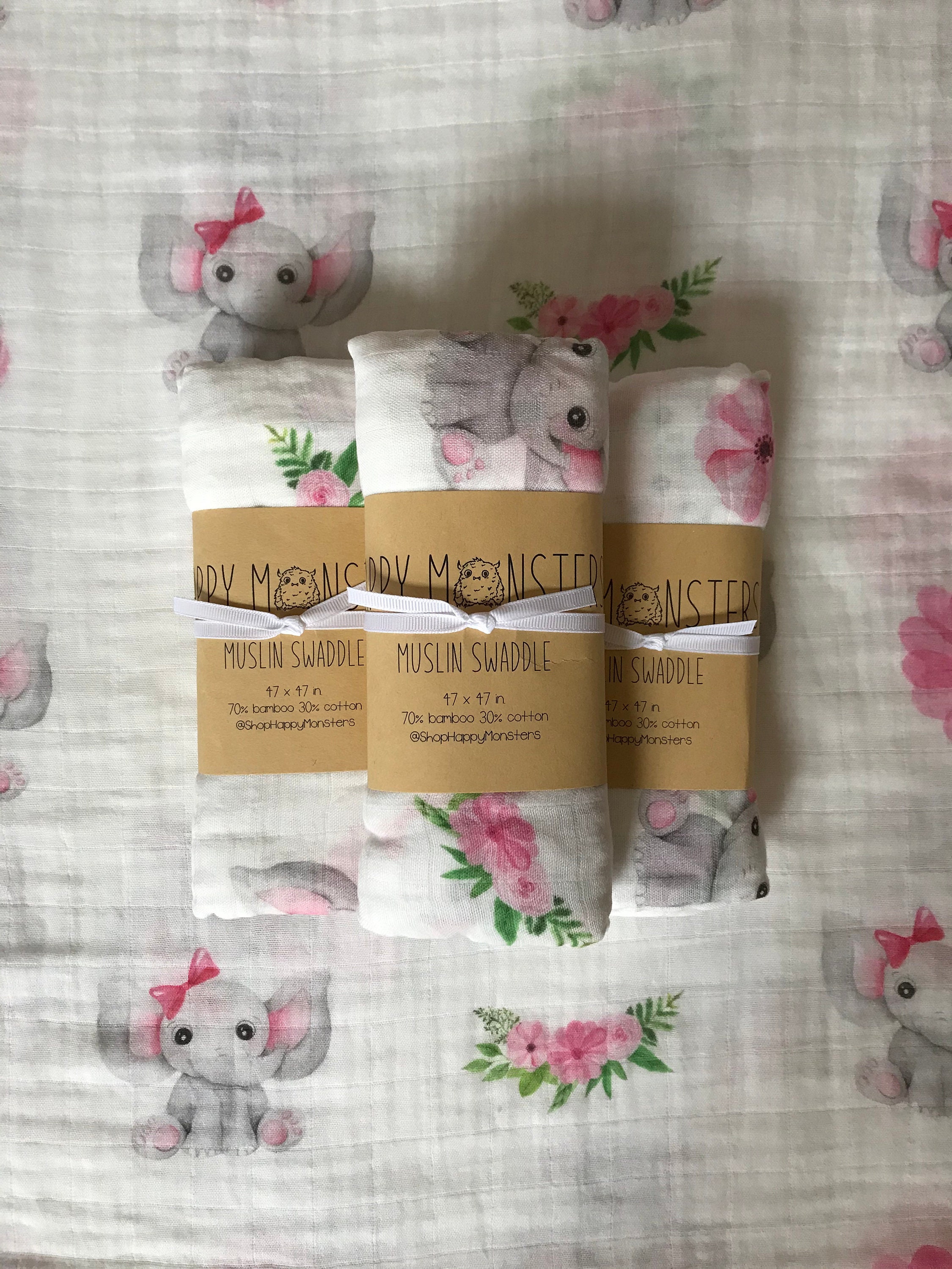 Pink Elephant Muslin Swaddle Blanket, Baby Girl Bamboo Muslin Swaddle ...