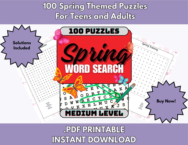 Spring Word Search Puzzle: 100 Printable Pages With Solutions (PDF) - Etsy