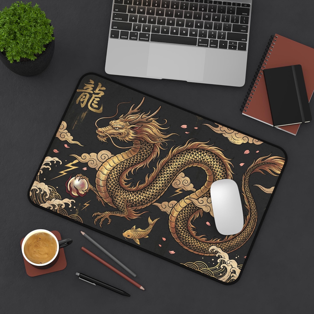 Chinese Dragon Desk Mat | Golden Ukiyo-e XXL Gaming Mousepad | Asian ...