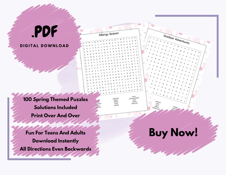 Spring Word Search Puzzle: 100 Printable Pages With Solutions (PDF) - Etsy
