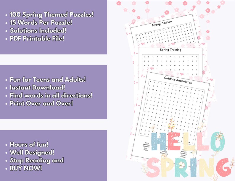 Spring Word Search Puzzle: 100 Printable Pages With Solutions (PDF) - Etsy