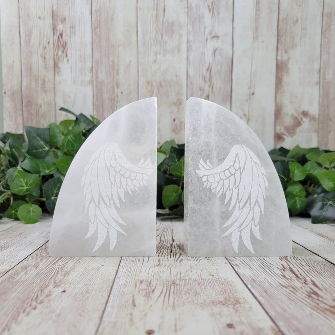 Angel Wing Print Selenite Book Ends (one Pair) / Polished Satin Spar ...