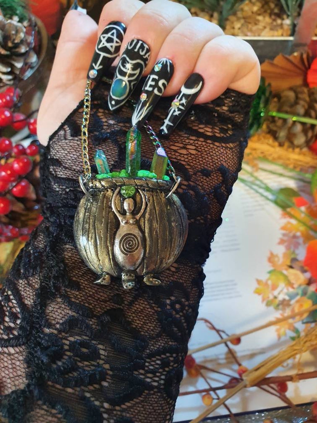 Cauldron Moon Goddess Necklace, in Gold, With Quartz Crystals, Gothic ...