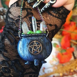 Cauldron Necklace Pentagram, in Blue, With Quartz Crystals. Gothic ...
