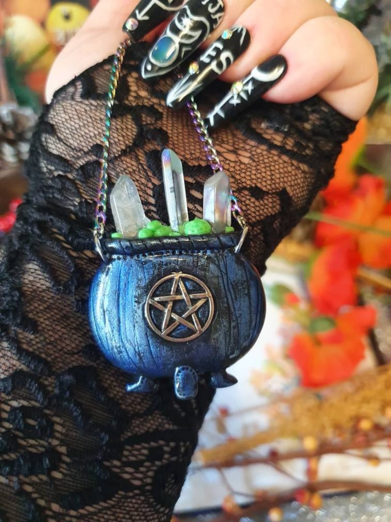 Cauldron Necklace Pentagram, in Blue, With Quartz Crystals. Gothic ...
