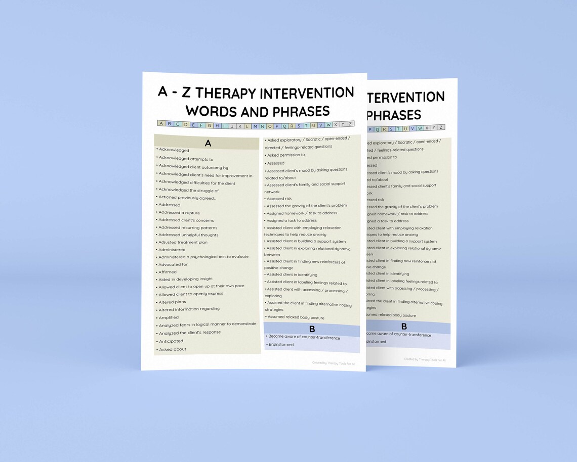 Therapy Interventions Words Cheat Sheet Therapist Progress - Etsy