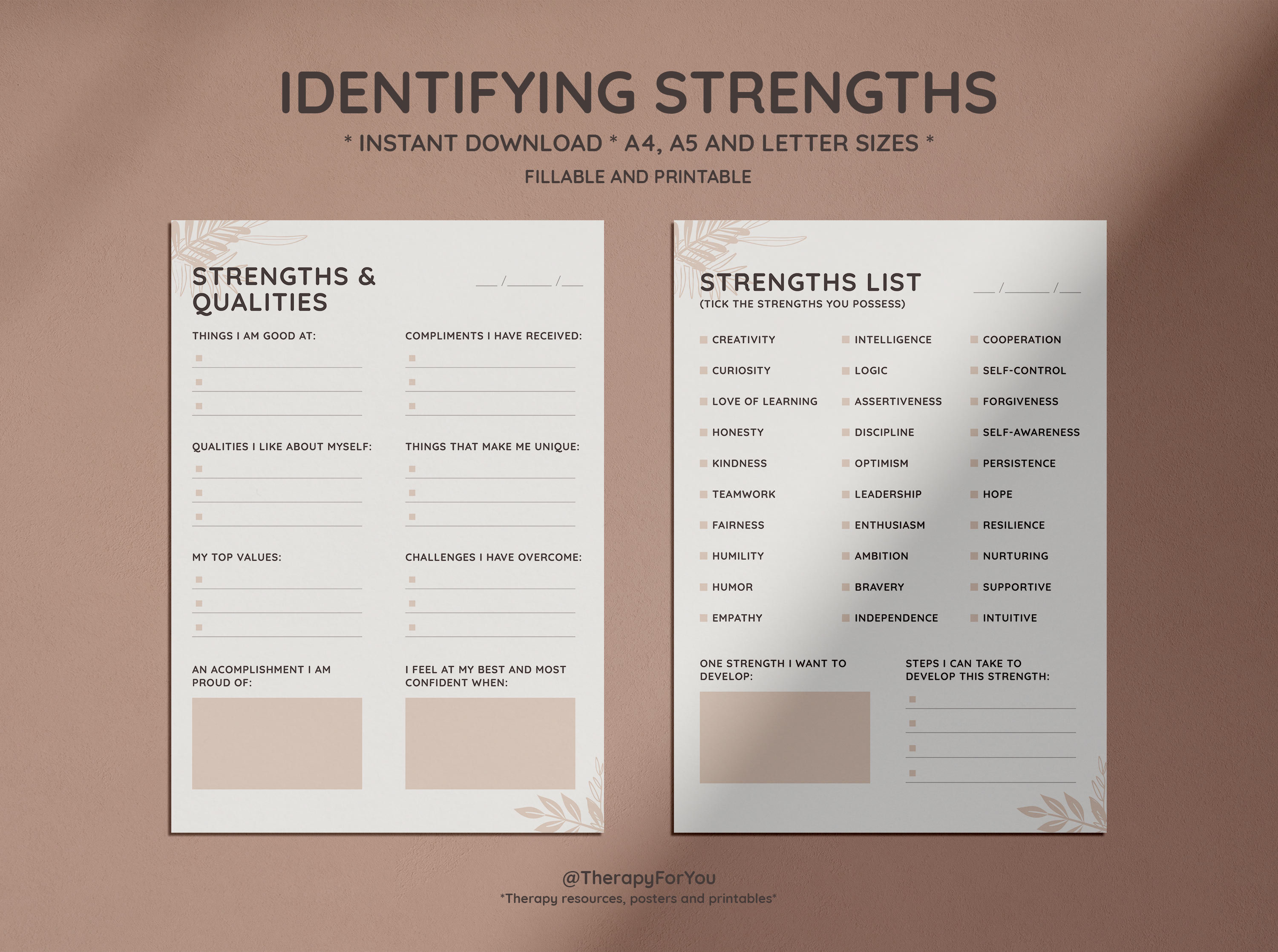 Strengths & Values Printable Worksheets Journal Inserts | Etsy