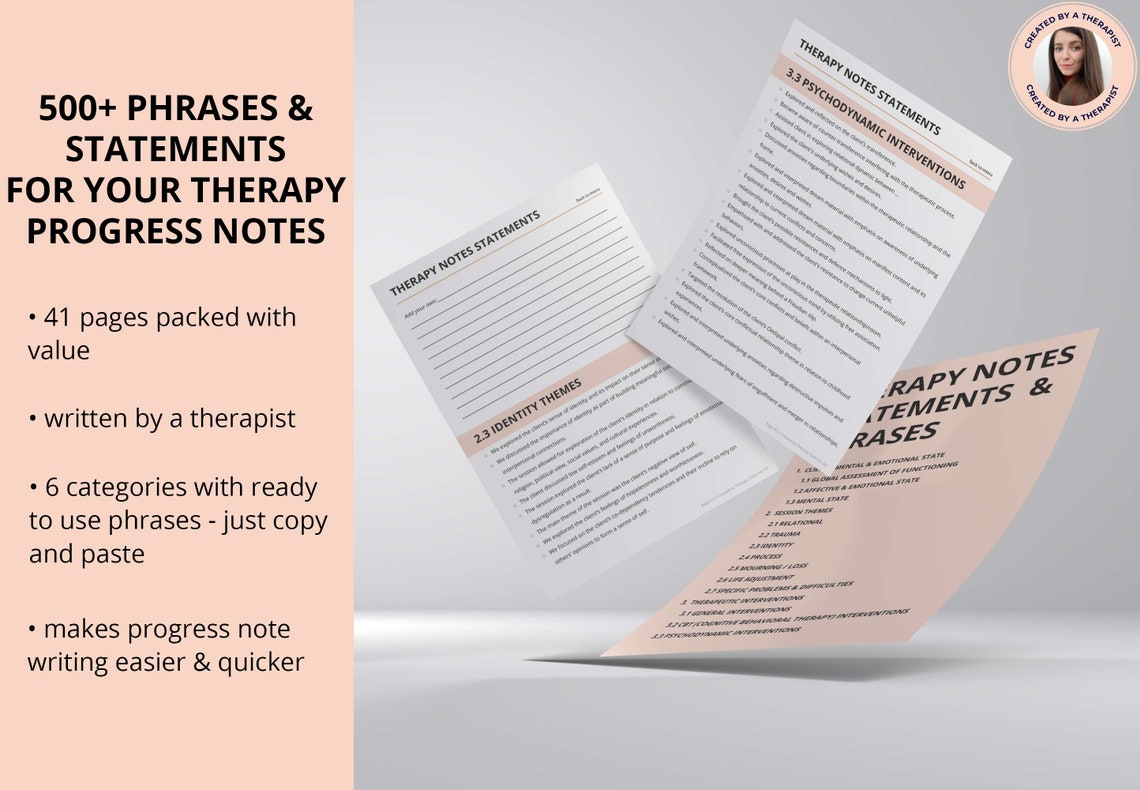 Therapy Progress Notes Cheat Sheet Phrases and Statements Counselor ...