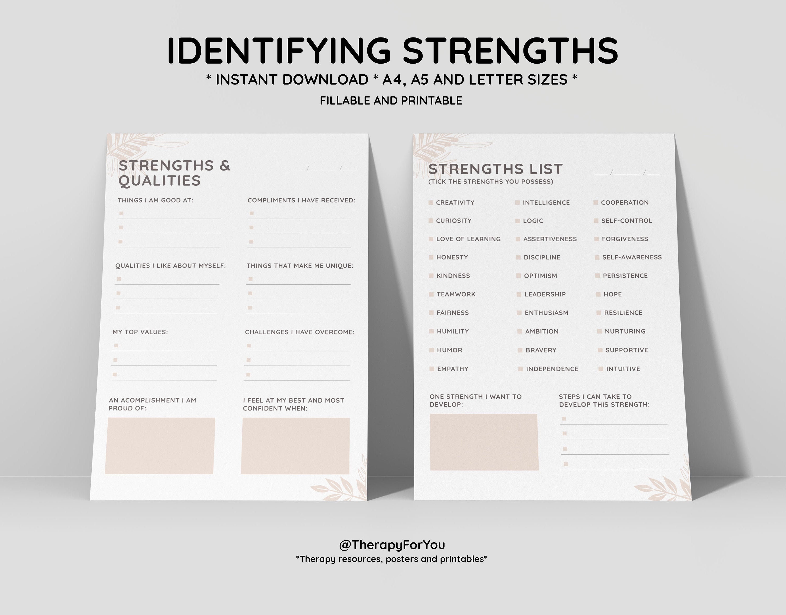 Strengths & Values Printable Worksheets Journal Inserts | Etsy