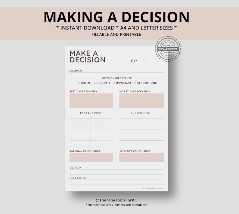 Make a Decision Aid Printable Interactive Worksheet Journal Inserts ...