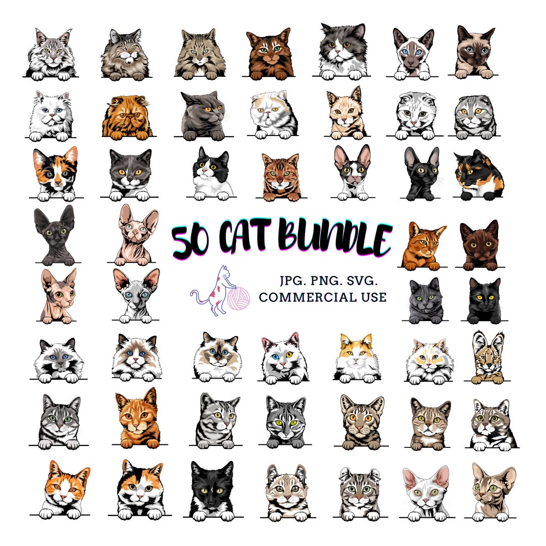 Bundle 50 Cat Breeds Portrait Illustration - Peeking - Peekaboo - .svg ...