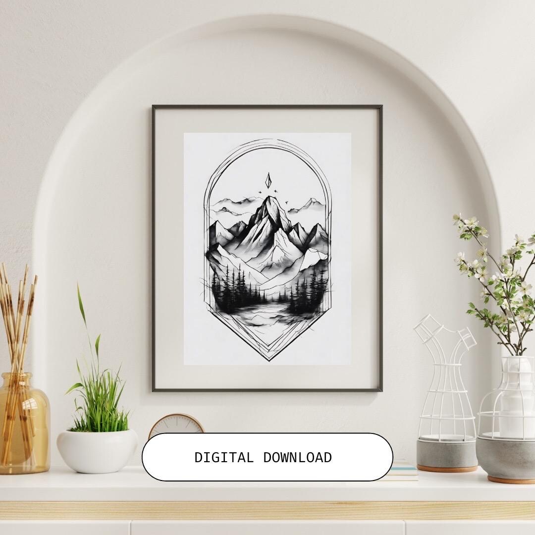 Shadows on the Summit Black and White Mountainscape Drawing Minimalist ...