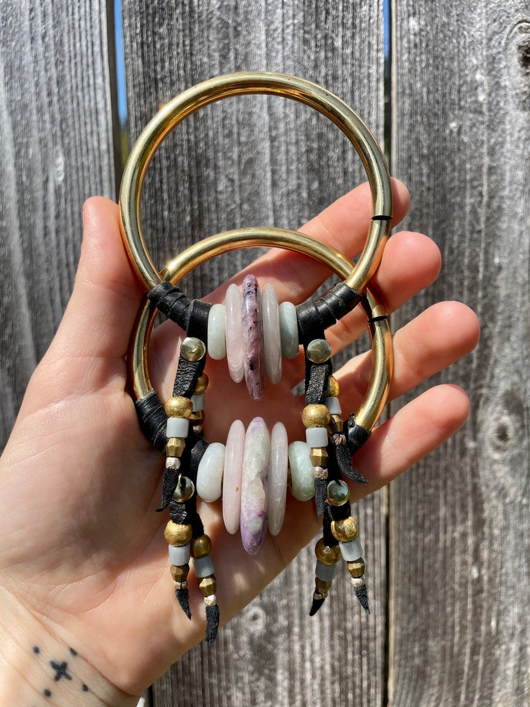Hollow Brass Hoops for Gauges, Black Leather Fringe With Charoite, Rose ...