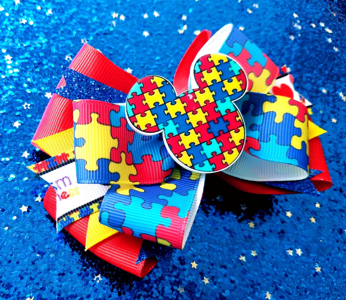 Autism Awareness Bow puzzle Piece Bow Mickey Autism - Etsy