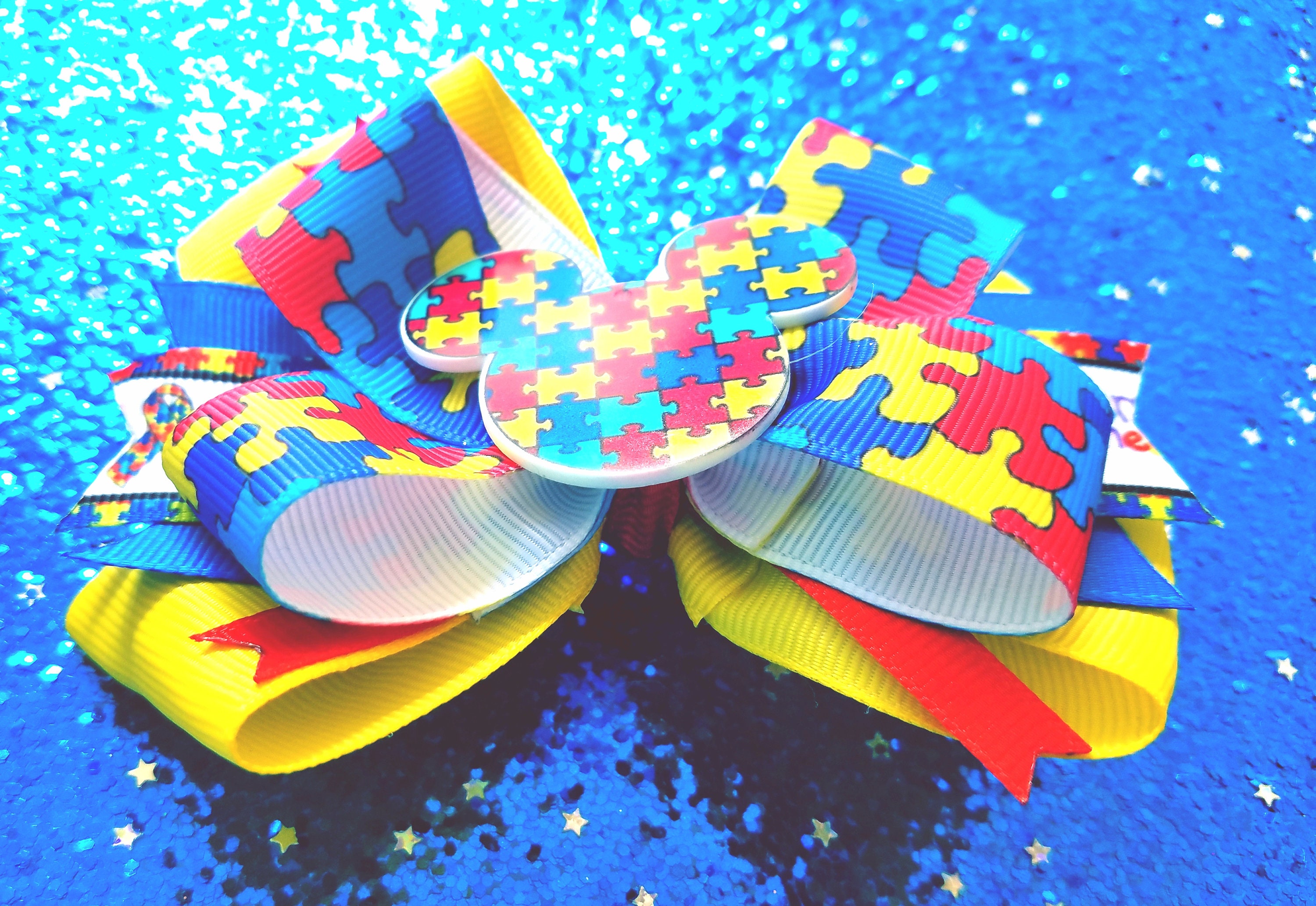 Autism Awareness Bow Puzzle Piece Bow Mickey Autism | Etsy