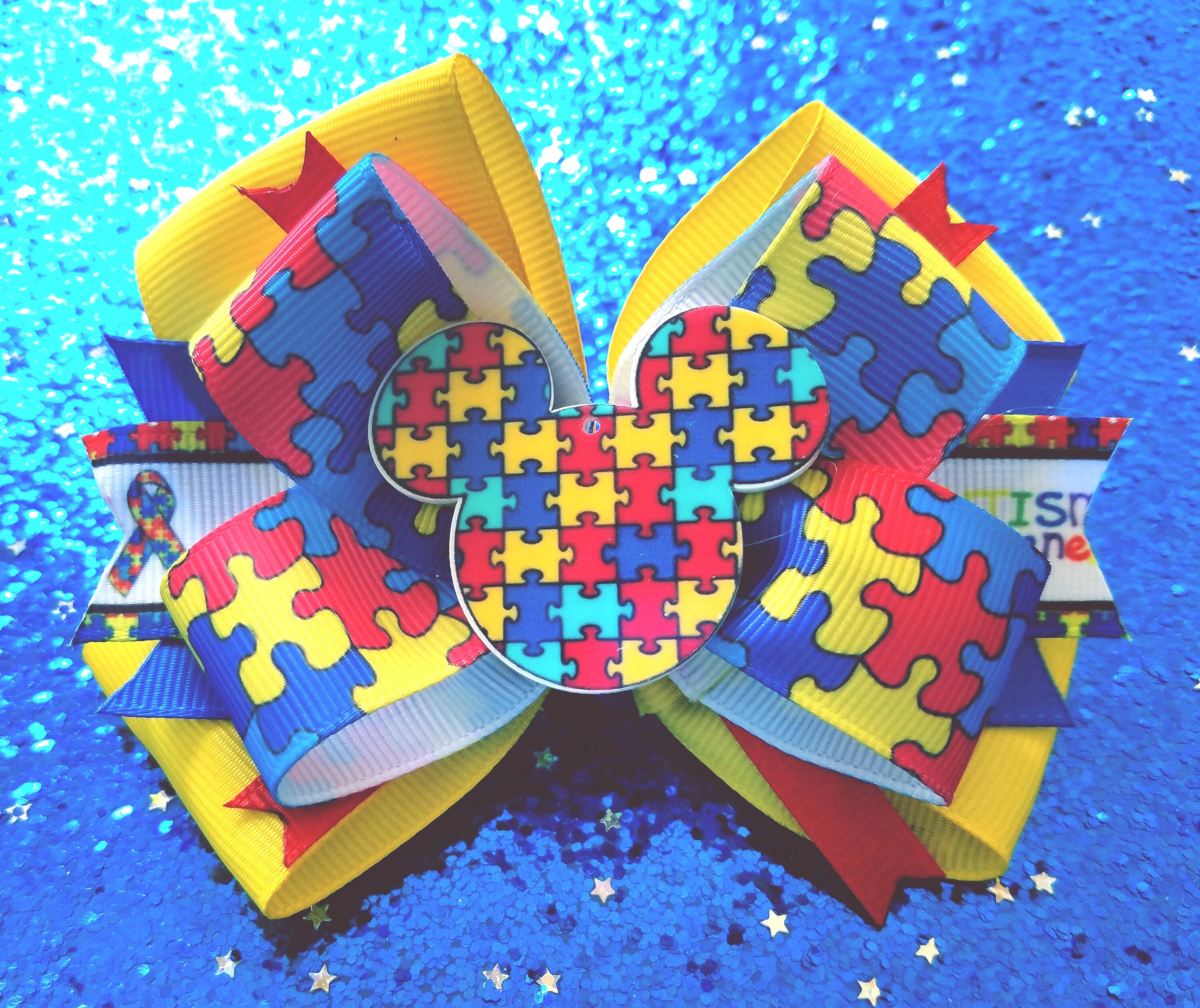 Autism Awareness Bow Puzzle Piece Bow Mickey Autism | Etsy