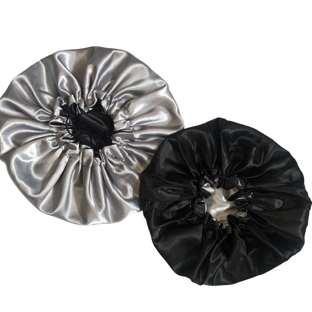 Black / Sliver Satin Bonnets Adjustable & Reversible Bonnet Stay Moist ...