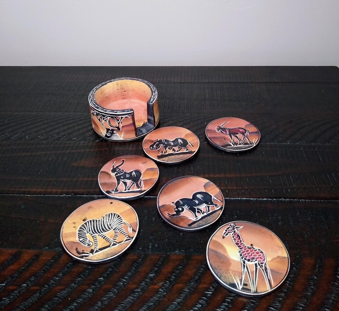 African Savanna Animal Coaster Set, Vintage Handmade Soapstone Coasters ...
