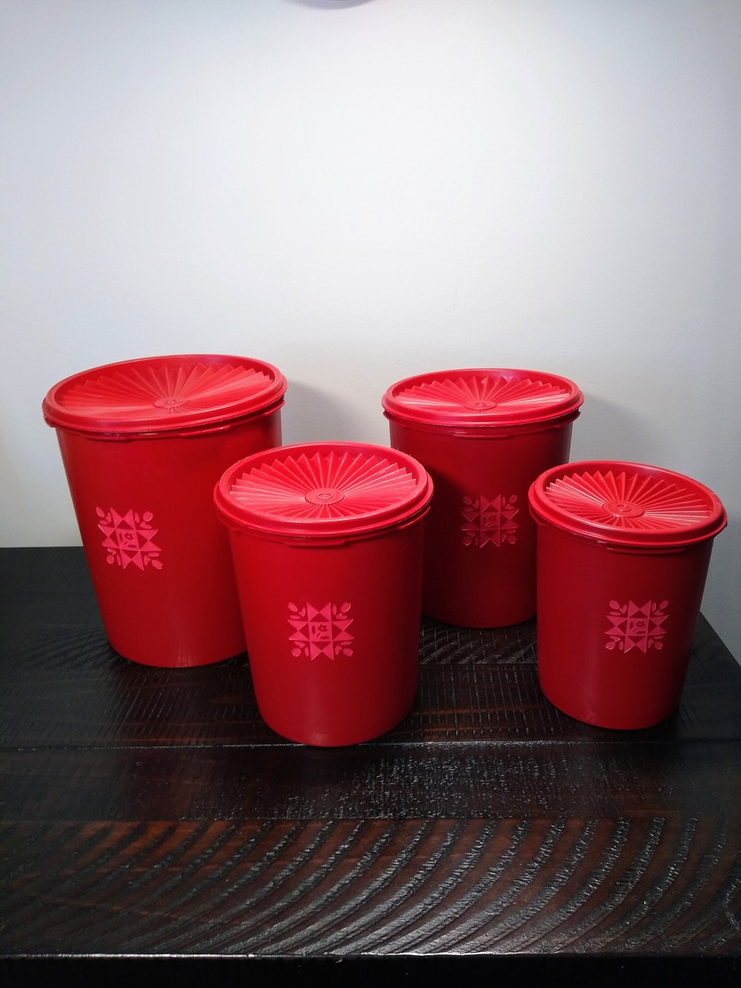 Tupperware Red Canister Set With Tulip Quilt Design, Set of 4 Servalier ...