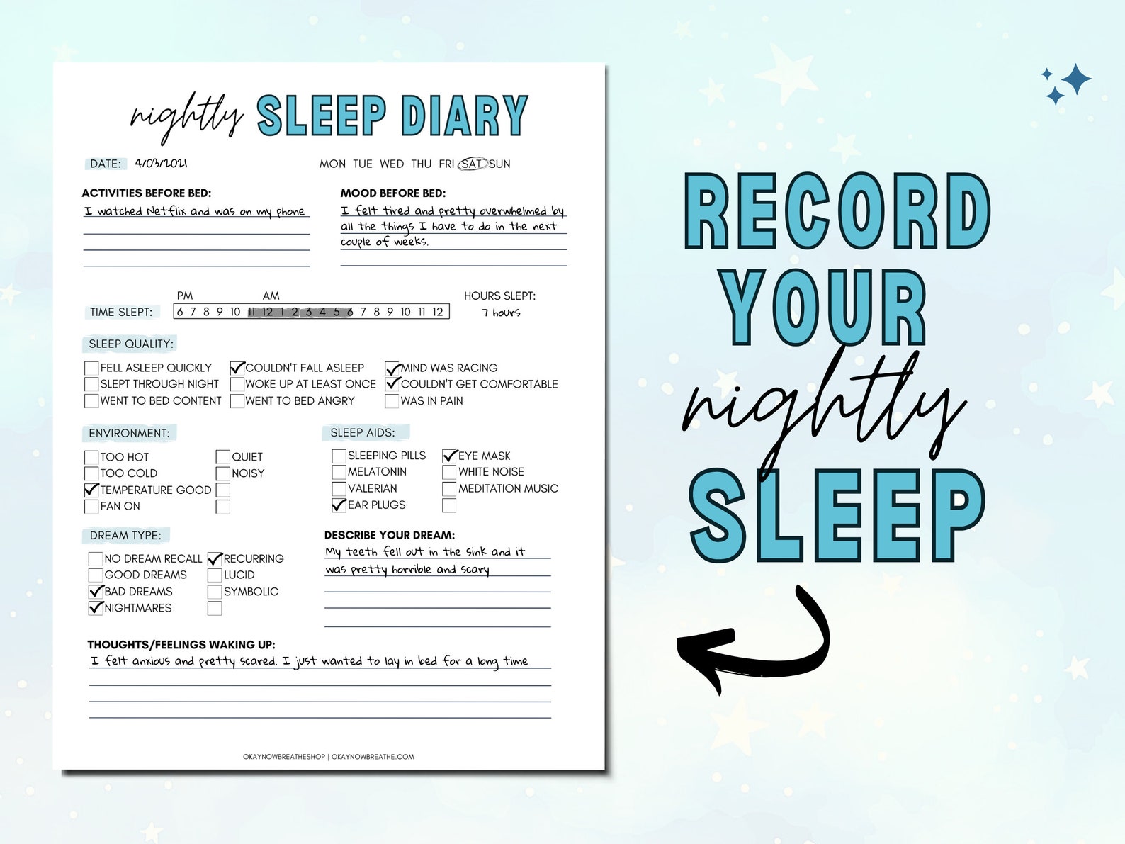 Sleep Dream Tracker Printable Pack Daily Monthly Sleep | Etsy