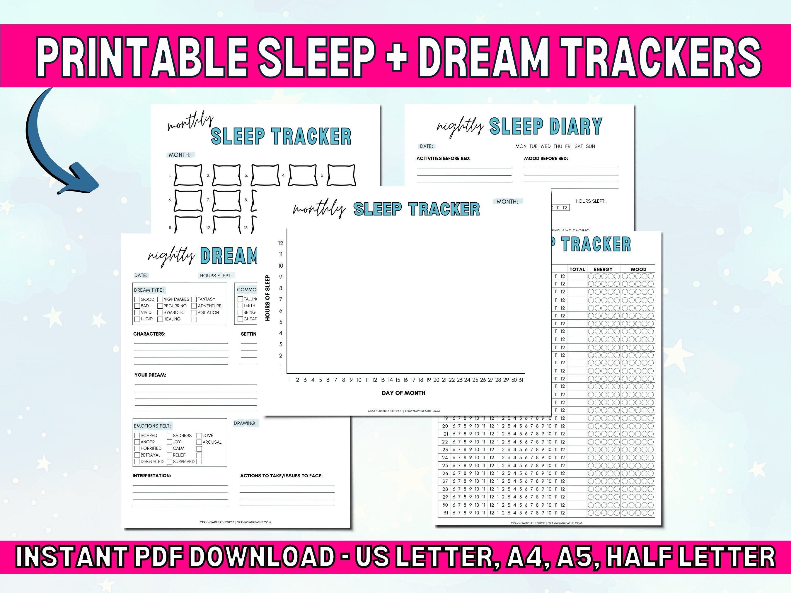Sleep Dream Tracker Printable Pack Daily Monthly Sleep Log Dream ...