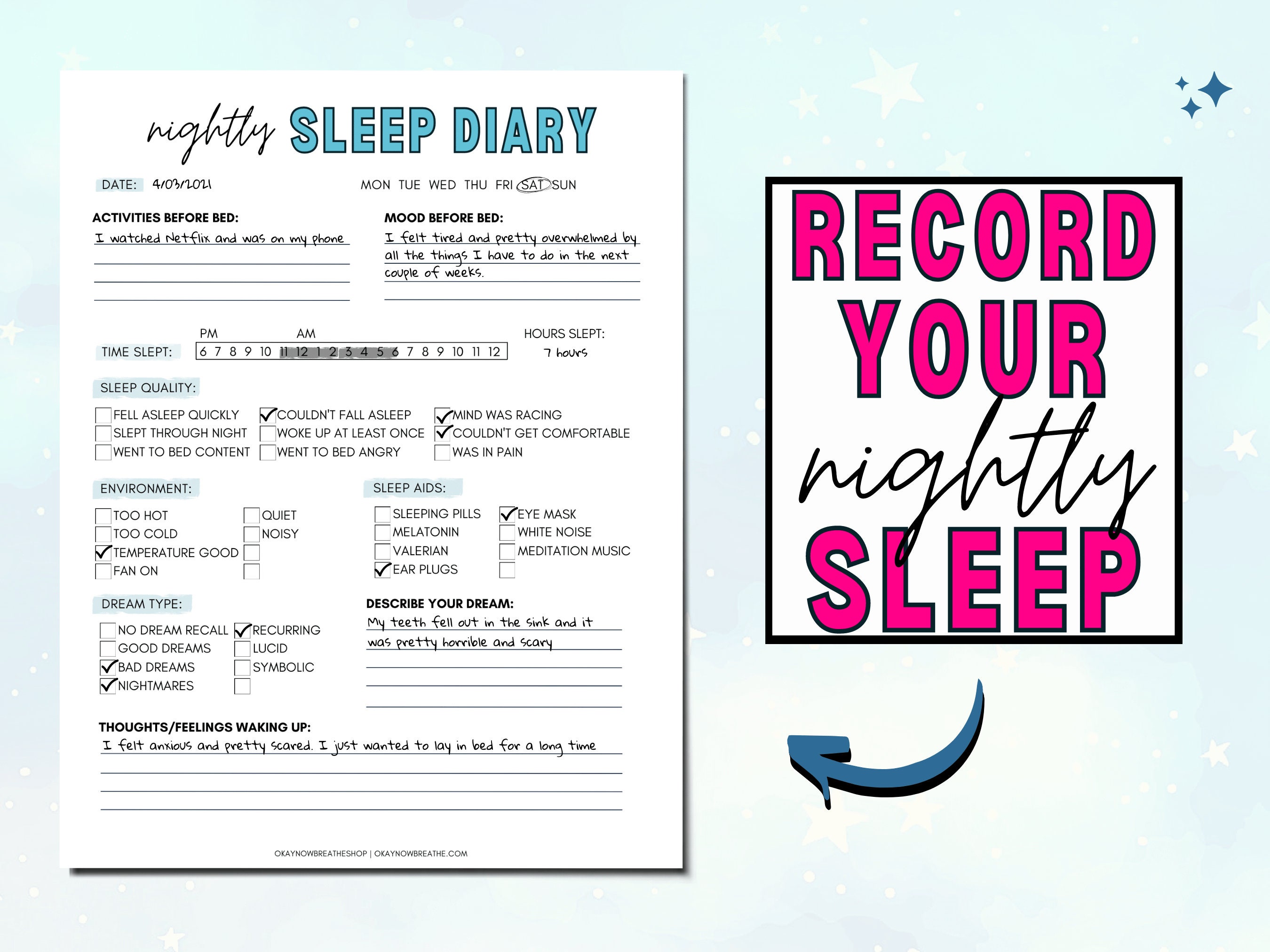Sleep + Dream Tracker Printable Pack | Daily + Monthly Sleep Log ...