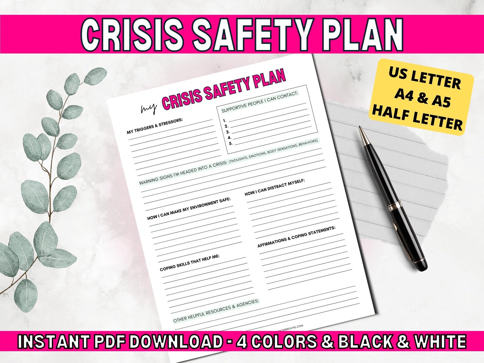 Crisis Safety Plan Worksheet Coping Skills Strategies Therapy Resources ...
