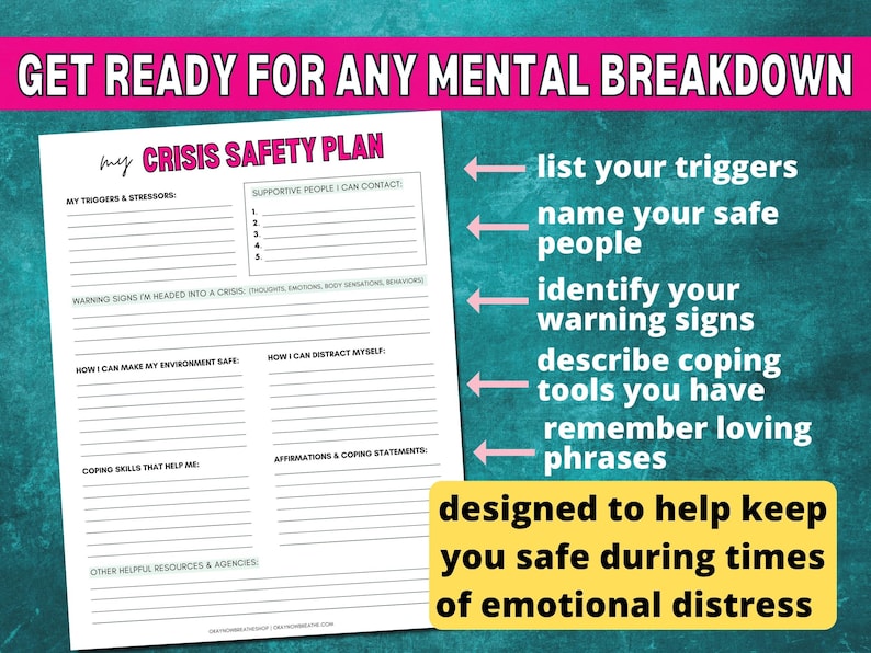 Crisis Safety Plan Worksheet | Coping Skills + Strategies | Therapy ...