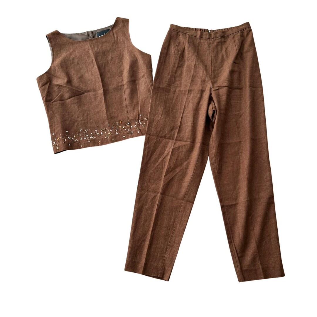 90s Vintage Brown Linen Pant Suit Beaded Sleevelss Tank Top High Waist ...
