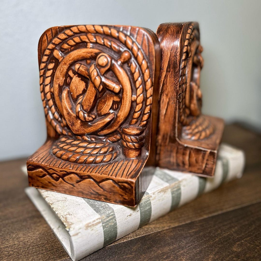 Vintage Ceramic Cramer Mold Bookends Anchor Nautical Rope Faux Wood ...