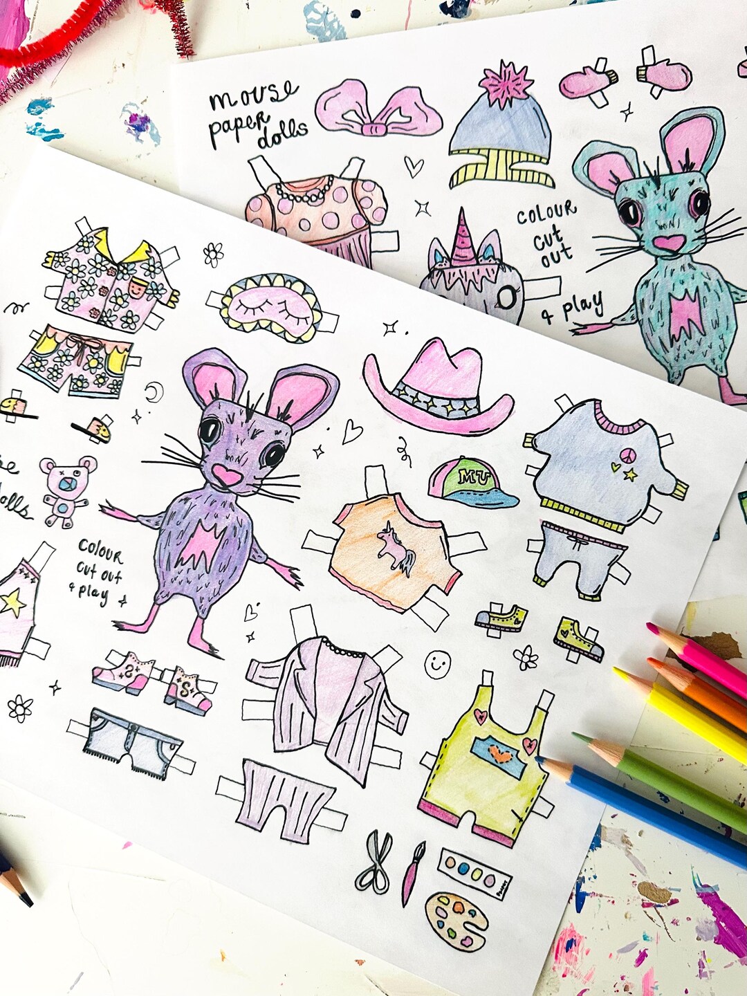Mouse Paper Dolls - Digital Download - 2 Pages - Colouring and Activity ...