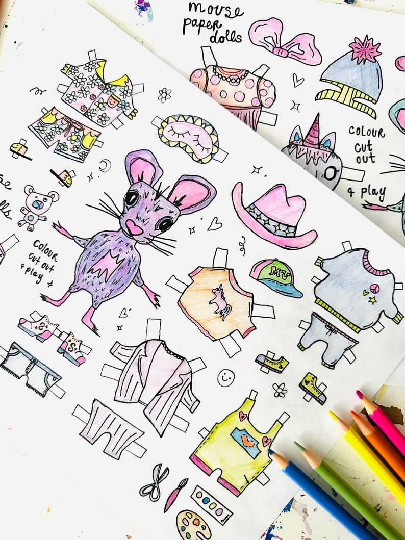 Mouse Paper Dolls - Digital Download - 2 Pages - Colouring and Activity ...