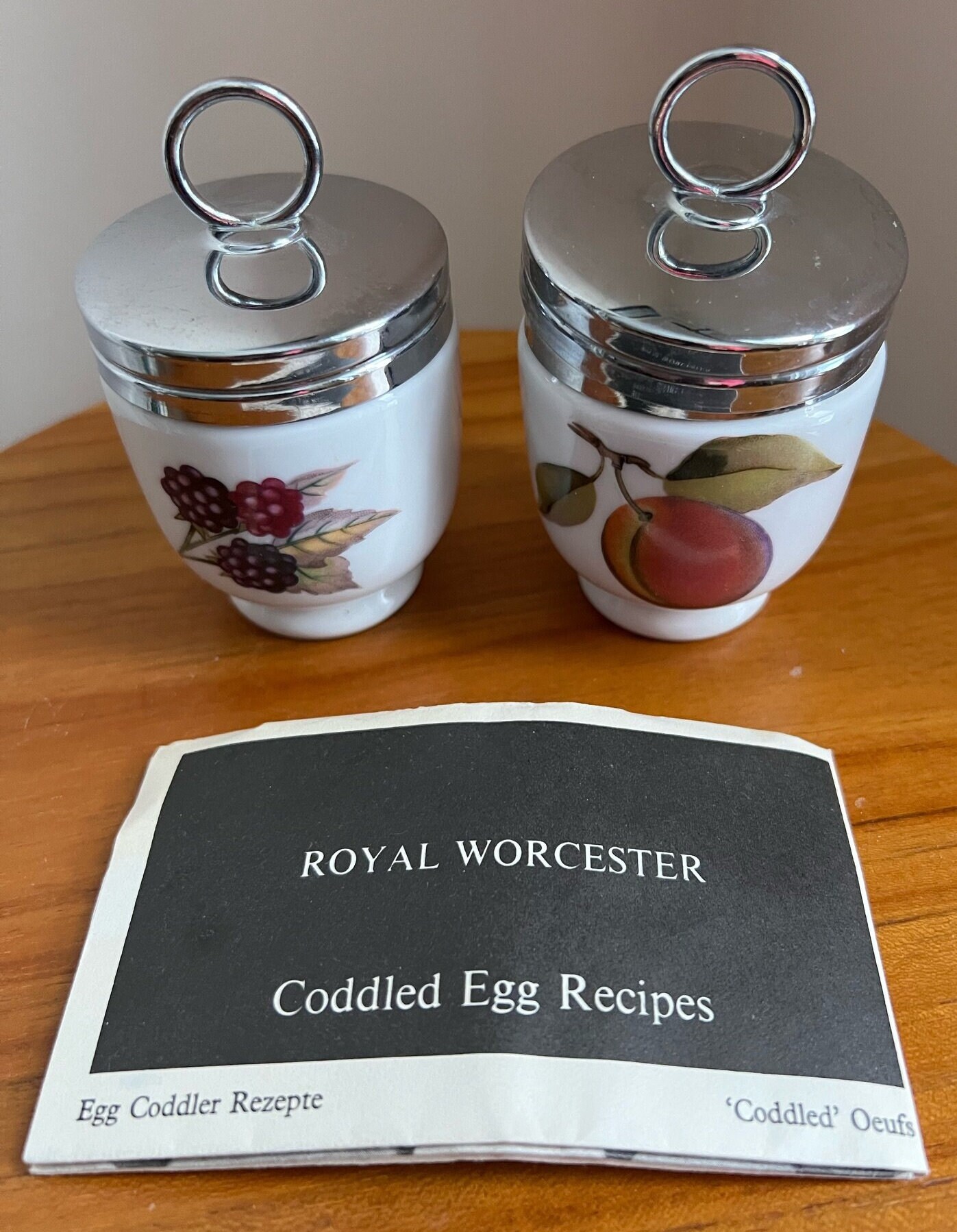 Boxed Pair Vintage Royal Worcester Egg Coddlers Standard Size Evesham Pattern With Instructions ...