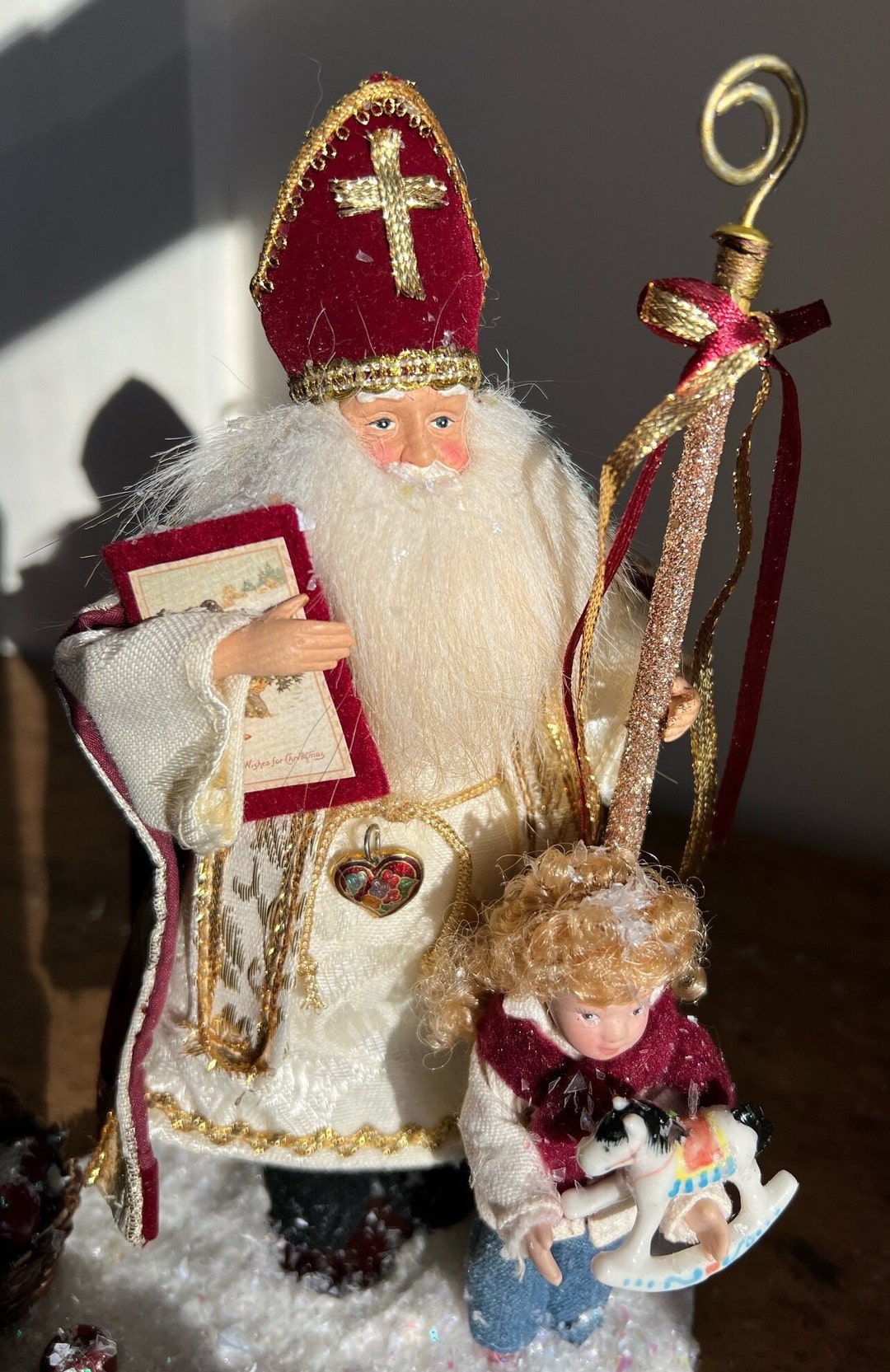 Vintage Saint Nicholas Red Coat 8.5 Inches Snowny Wood Base ~ Christmas ...