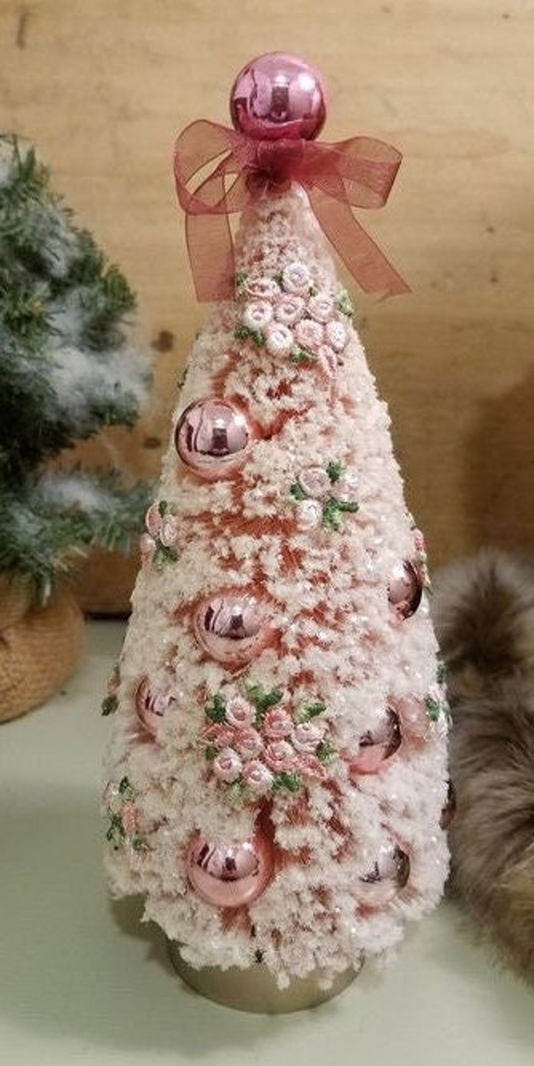 Pink Tree Collectible ~ Pink Bottle Brush Tree With Vintage Floral ...