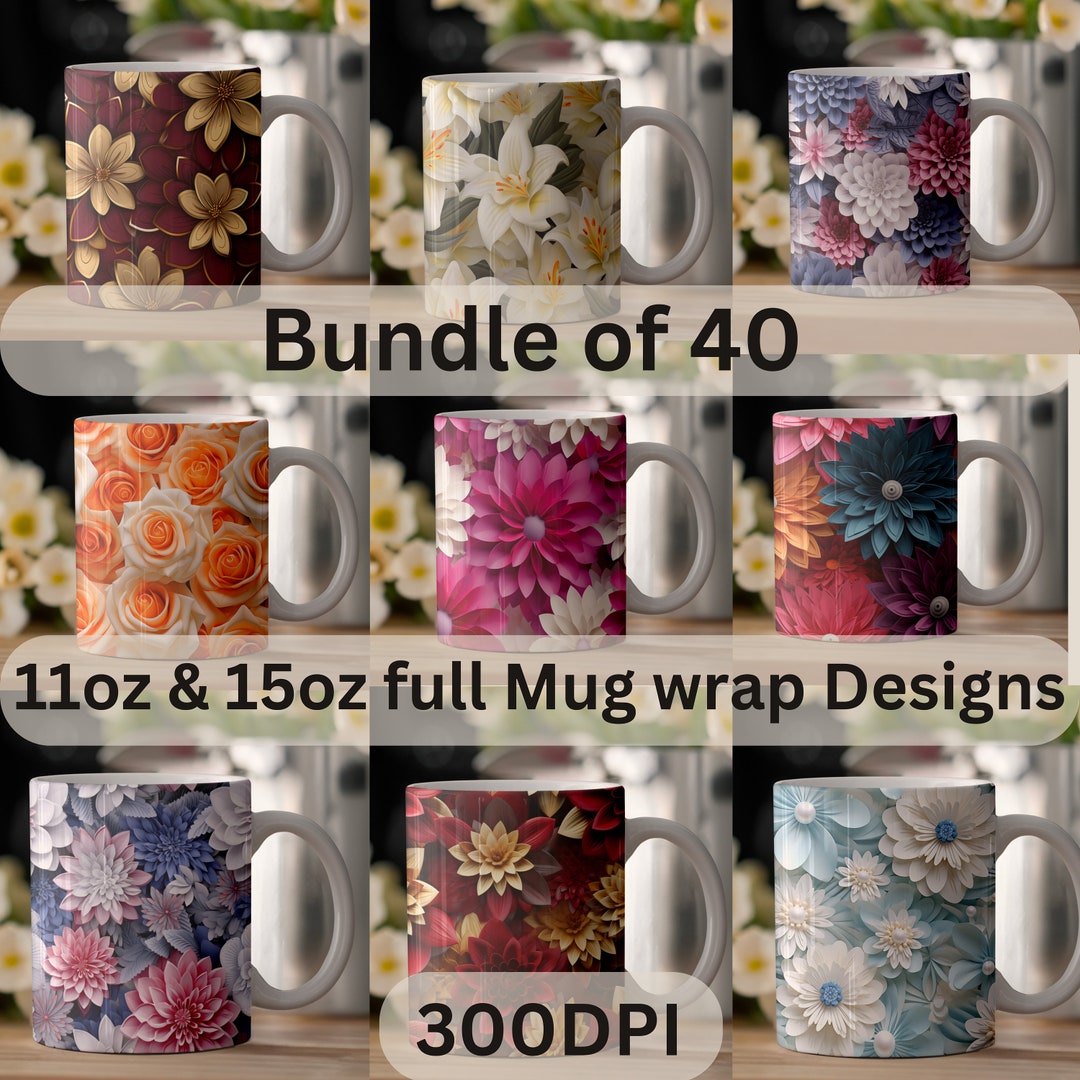40 3D Floral Mug Wrap Bundle, 3D Mug Sublimation Design, 3D Flowers Mug ...