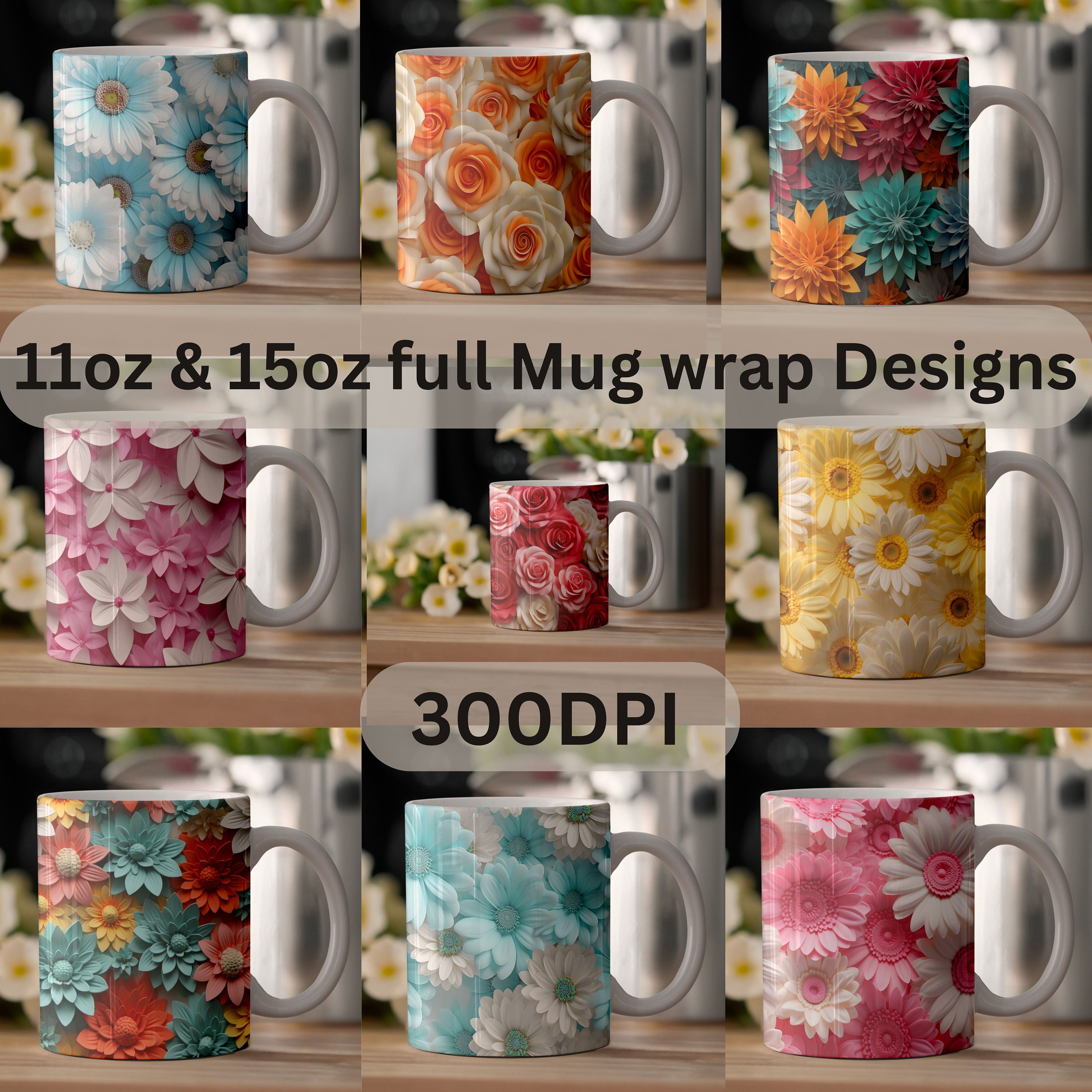 40 3D Floral Mug Wrap Bundle, 3D Mug Sublimation Design, 3D Flowers Mug ...
