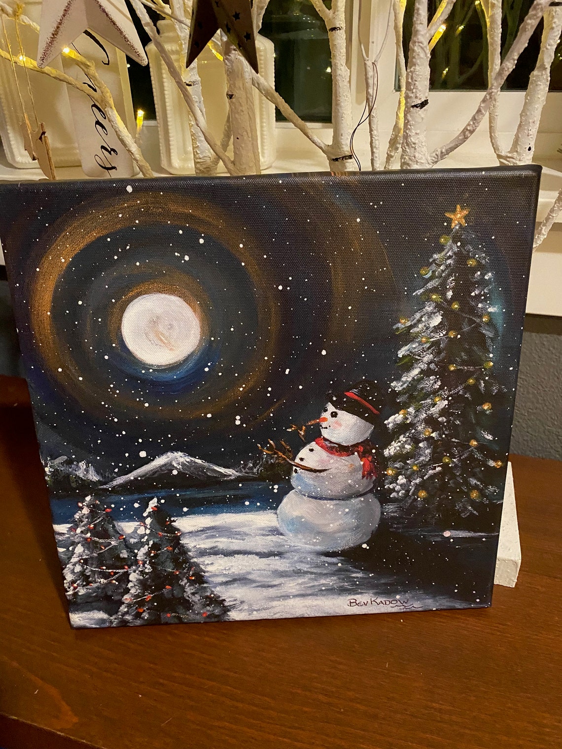Snowmen Canvas Painting 12" X 12" Snowman and the Moon - Etsy