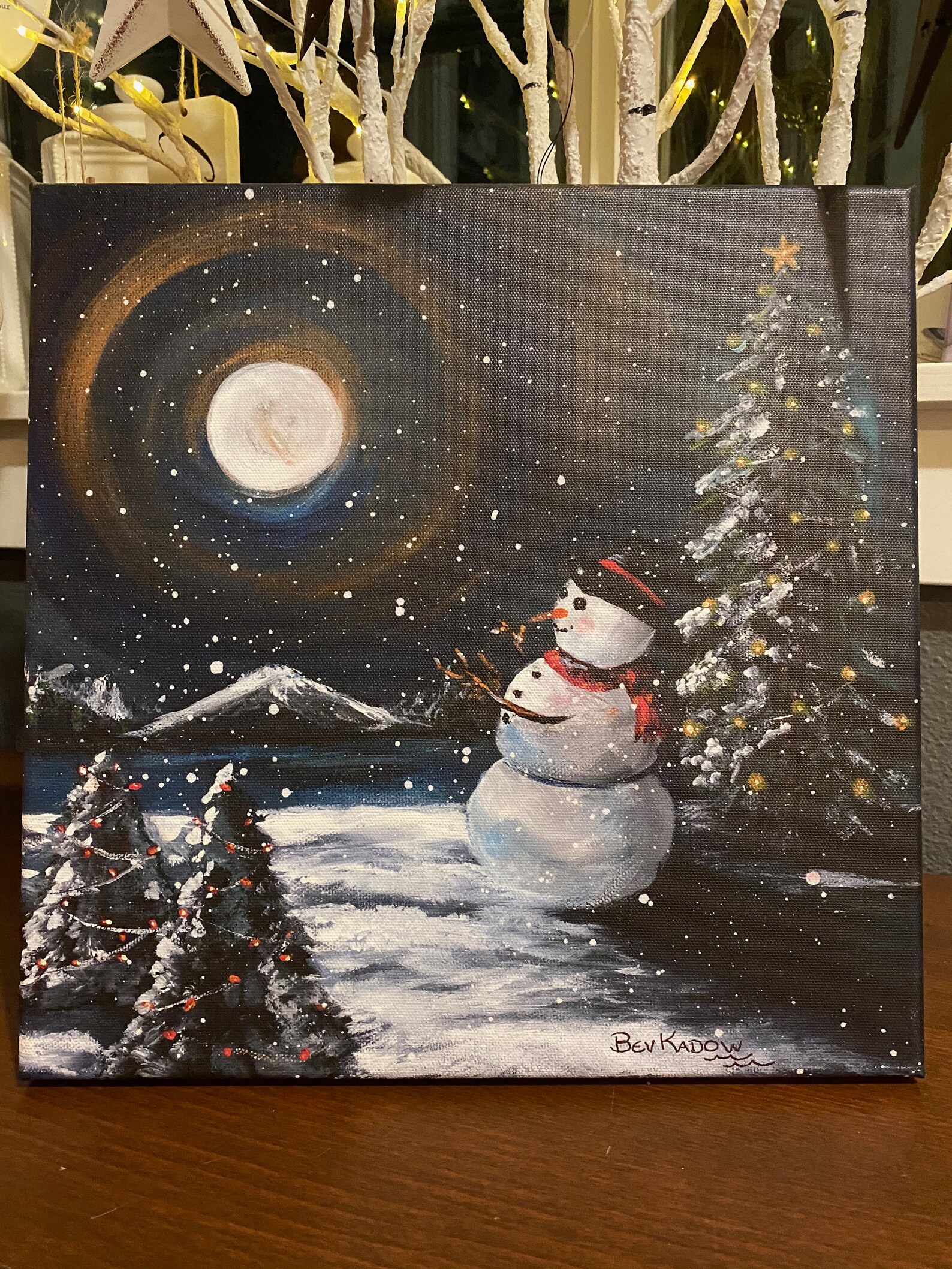 Snowmen Canvas Painting 12" X 12" Snowman and the Moon - Etsy