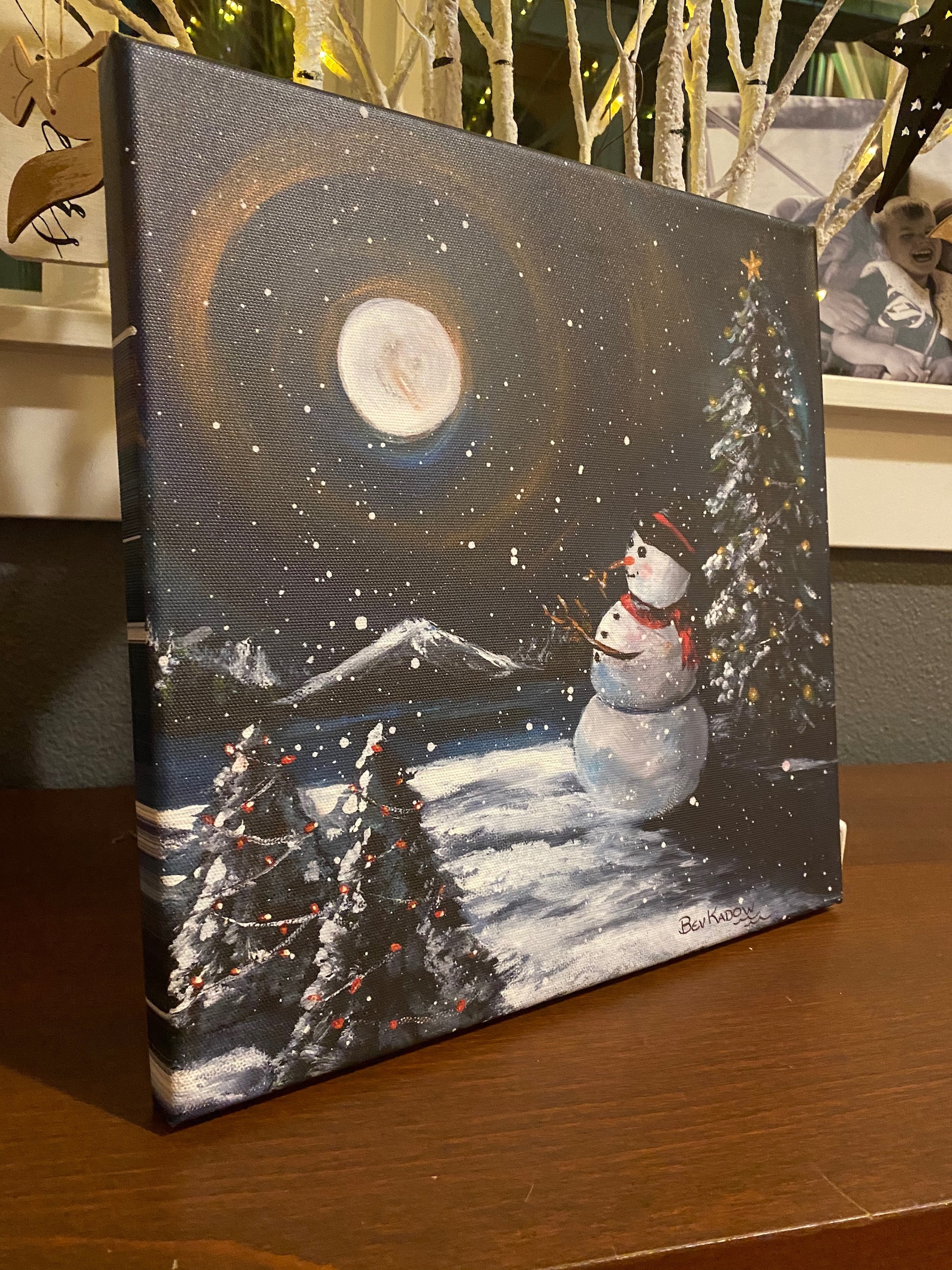 Snowmen Canvas Painting 12" X 12" Snowman and the Moon - Etsy